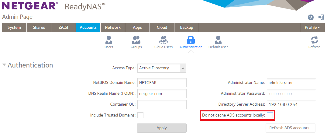 ReadyNAS OS 6: "Do not cache ADS accounts locally" option - NETGEAR Support