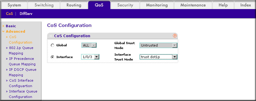 How do I set Class of Service (CoS) trust mode for an interface using ...
