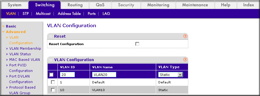 How do I create two VLANs using the web interface on my managed switch ...